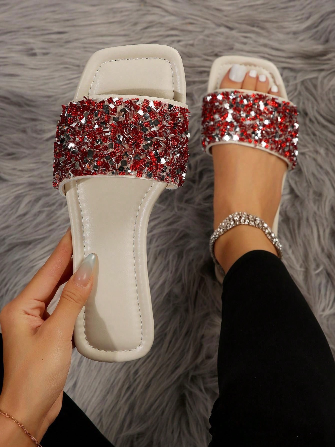 New Arrival Glitter Wine-red Flat Sandals With Anti-slip Outsoles. The ...