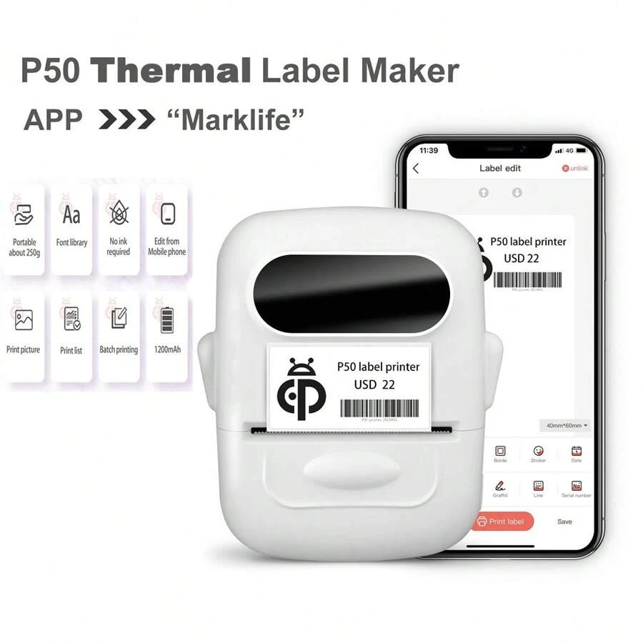Marklife P50 Portable Thermal Stickers Impresoras 2d Mini Photo Printer ...