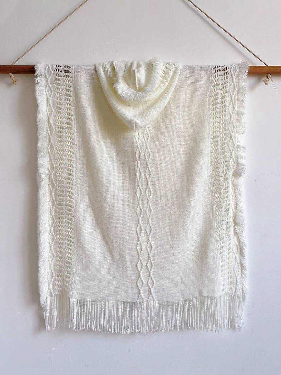 Boho 1pc White Hooded Knitted Cloak With Buttons For Women, Suitable ... Boho 1pc White Hooded Knitted Cloak With Buttons For Women, Suitable ...