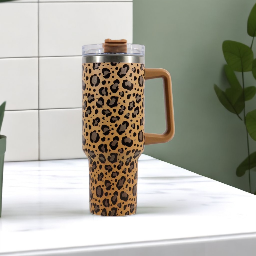 Leopard 40oz Tumbler with lid, Starw and Handle, Stainless Steel Vacuum ...