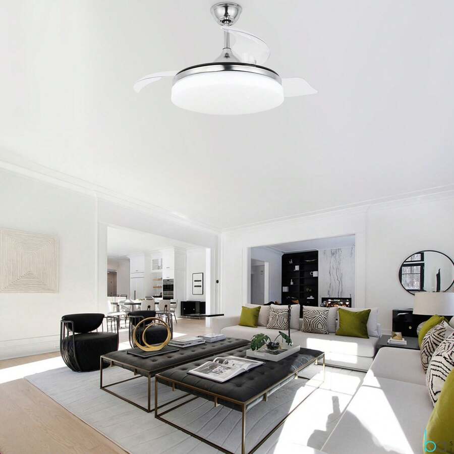 42" Chrome Ceiling Fan with Concealable Fan Blades, 6 Fan Speed and 3 ...