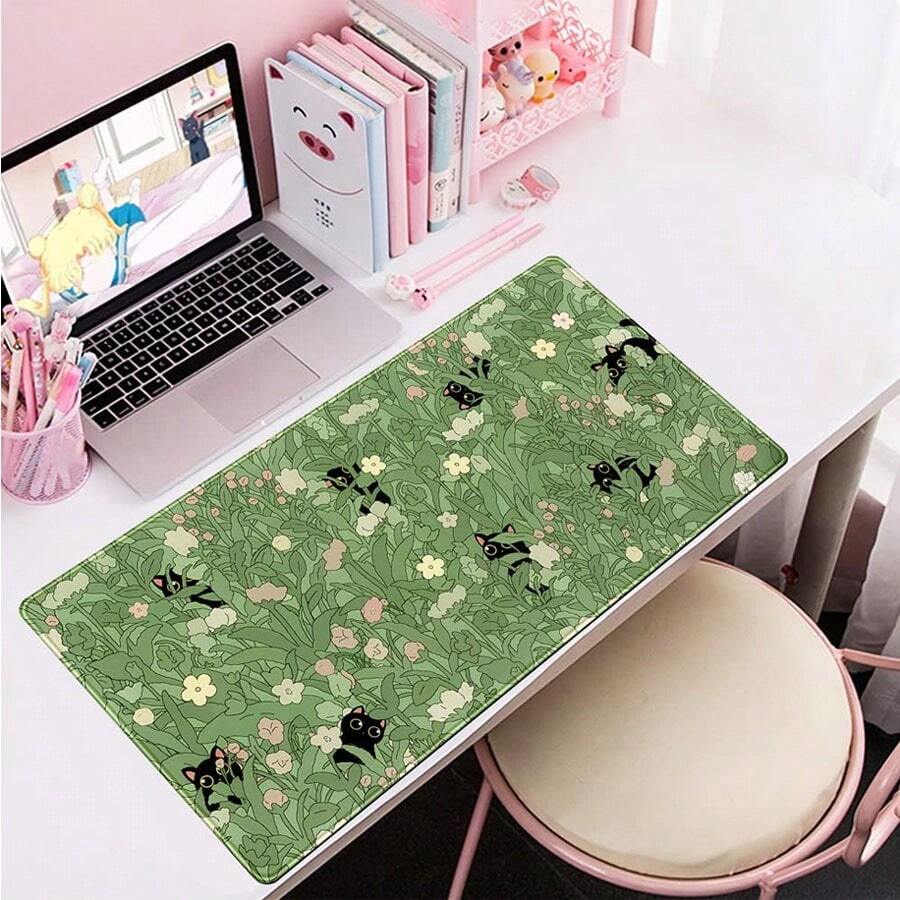 Green Desk Mat Cute Cat Kawaii Desk Accessories Aesthetic Mouse Pad XL ...