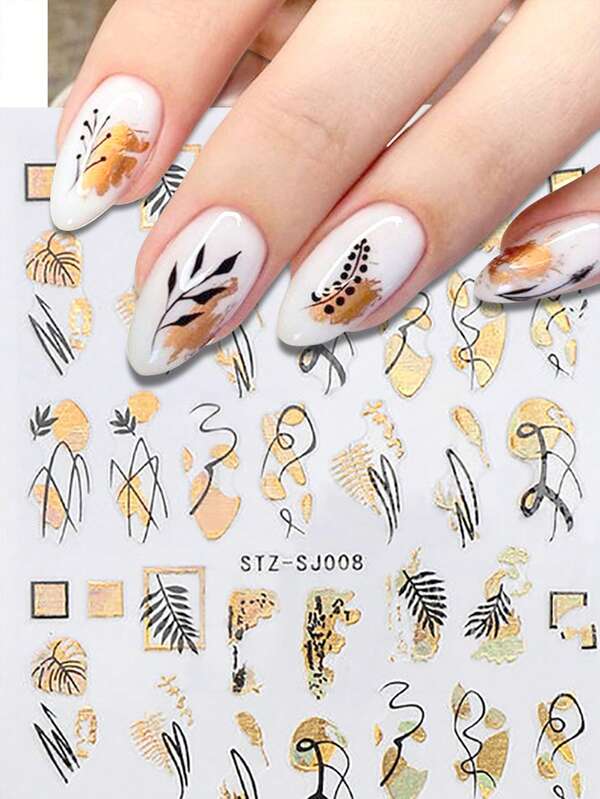 Nail Stickers With Two-tone Hot Stamping, Broad Leaves, Black And Gold ...