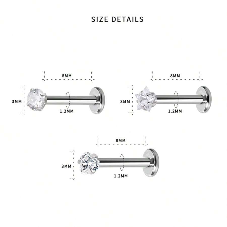 3pcs/set Stainless Steel Labret with Cubic Zirconia Decor Lip Rings ...