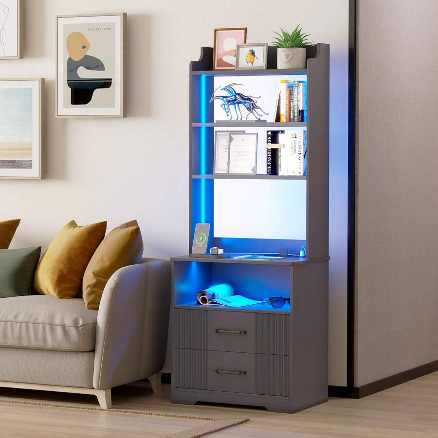 LVSOMT 54" Tall Nightstand With Charging Station, Smart Nightstand With ...