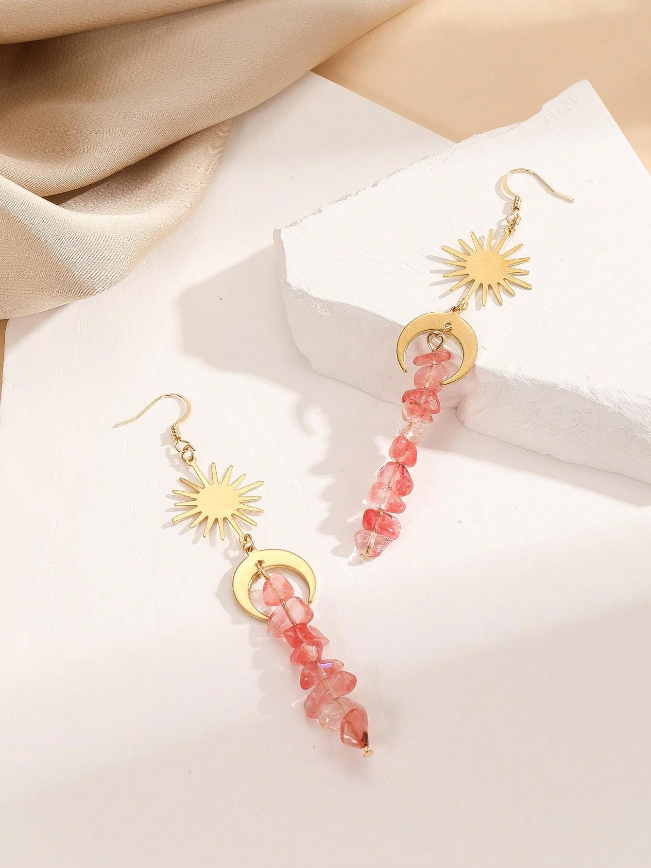 1pair Bohemian Style Natural Stone Beaded Moon & Sun Shaped Earrings ...