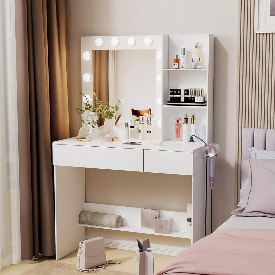 Dressing Table With LED Lighting, White Dressing Table With Mirror And ...