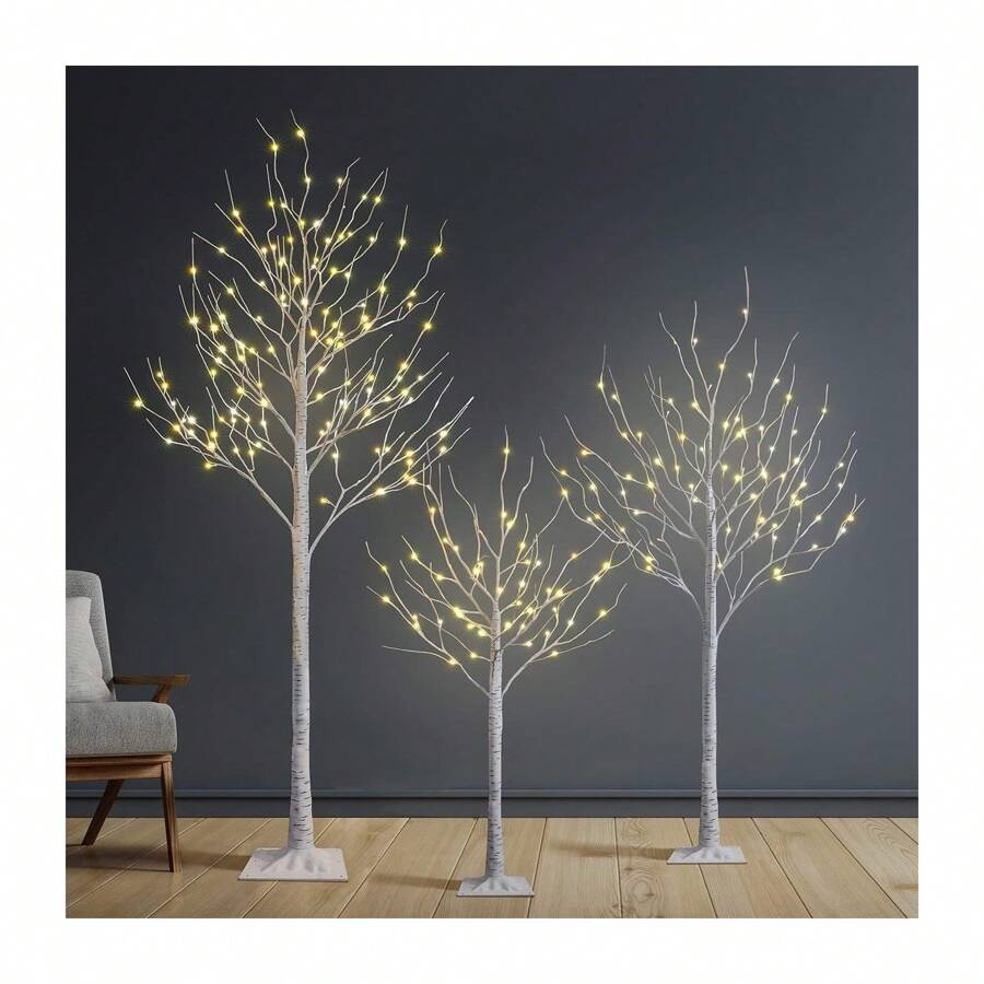 Set of 3 Lighted Birch Tree 4FT 6FT and 8FT LED Artificial Tree for ...