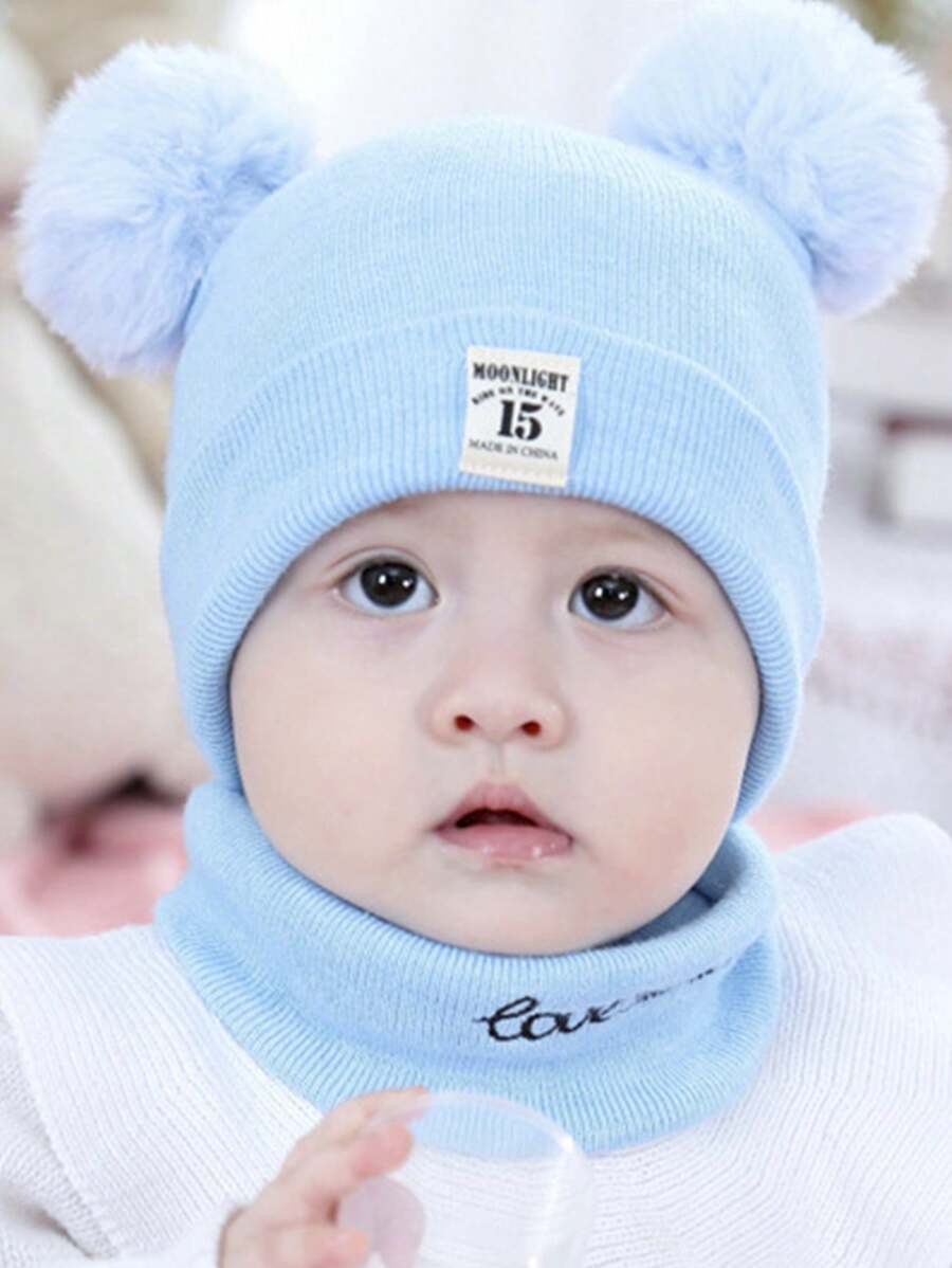 1set Blue English Embroidery Patchwork Knitted Scarf & Hat With Pom-pom For Baby Boy & Girl ...