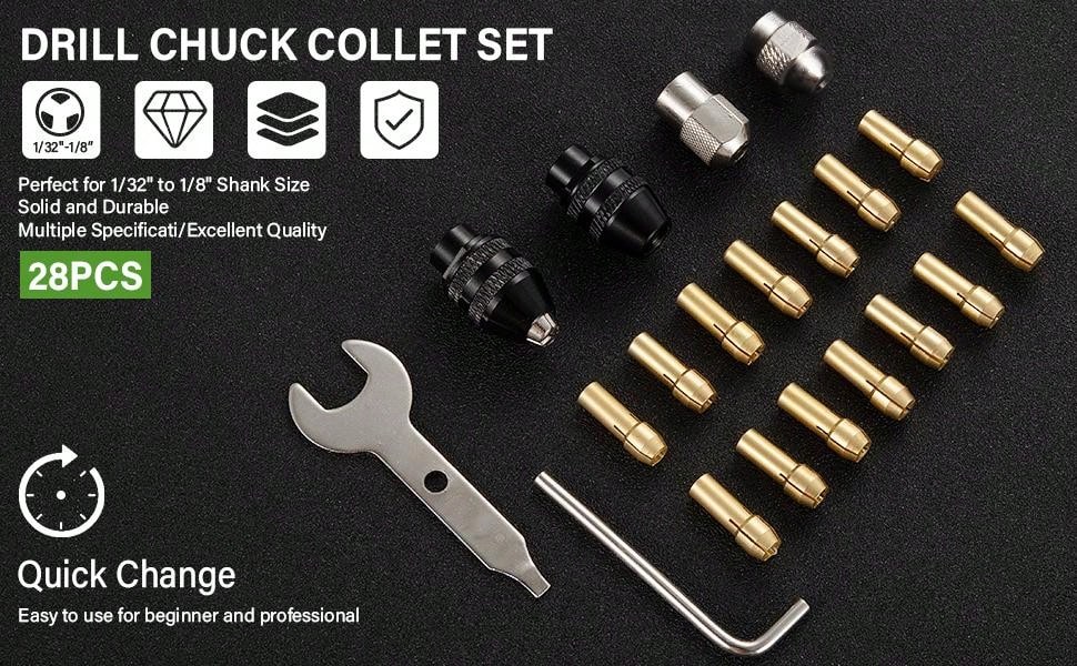 28 Pcs Drill Chuck Collet Set for Rotary Tool, Chuck Collet Kit, 0.8-3 ...