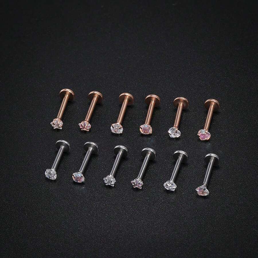 3pcs/set Stainless Steel Labret with Cubic Zirconia Decor Lip Rings ...