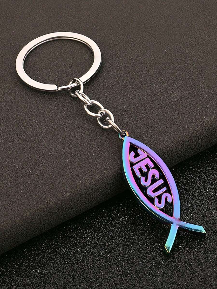 Street 1pc Retro Distressed Fish Shaped Jesus Letter Detail Keychain ...