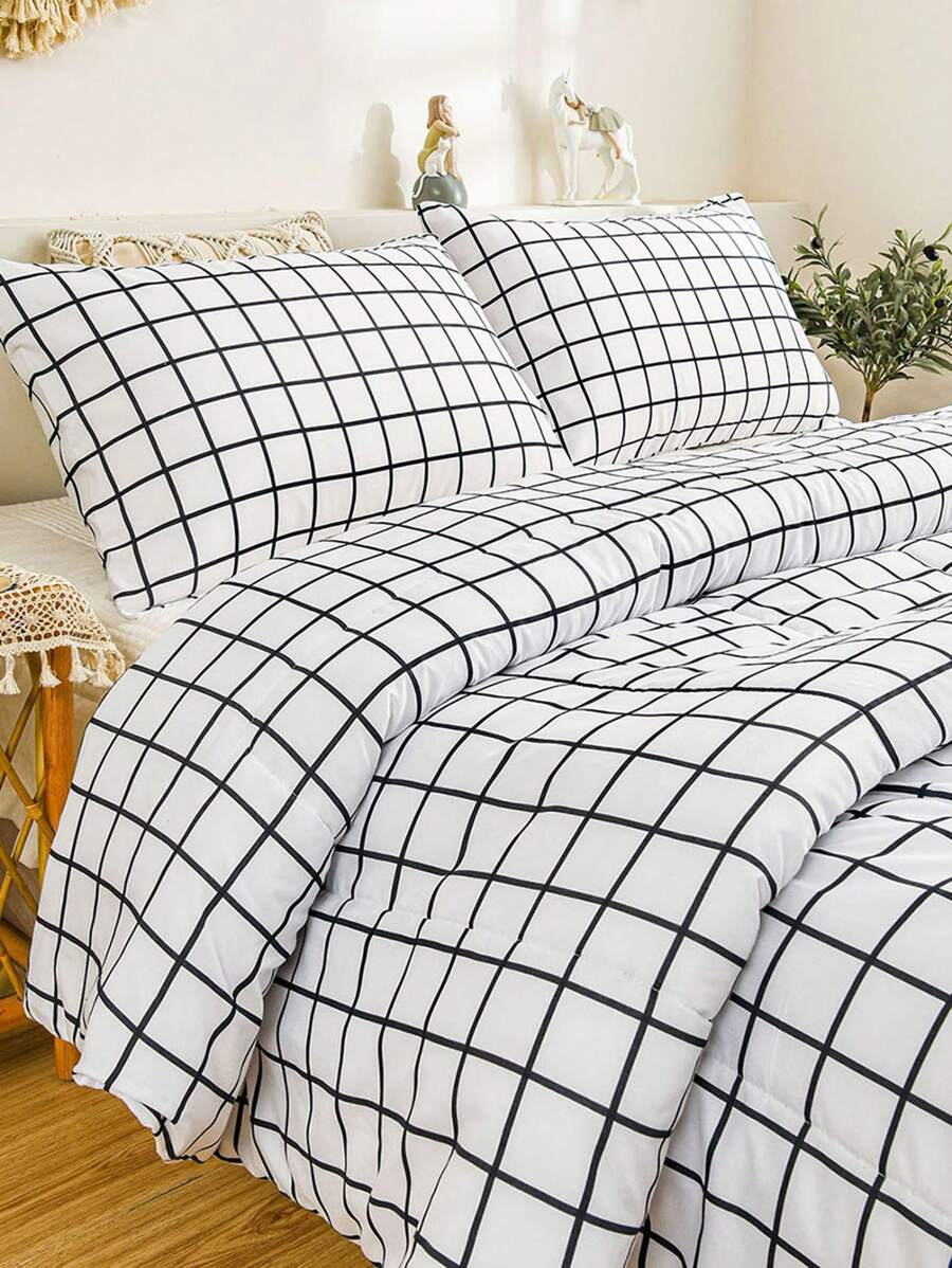 3pcs Black Grid Comforter Set Twin Queen King Size Black and White ...