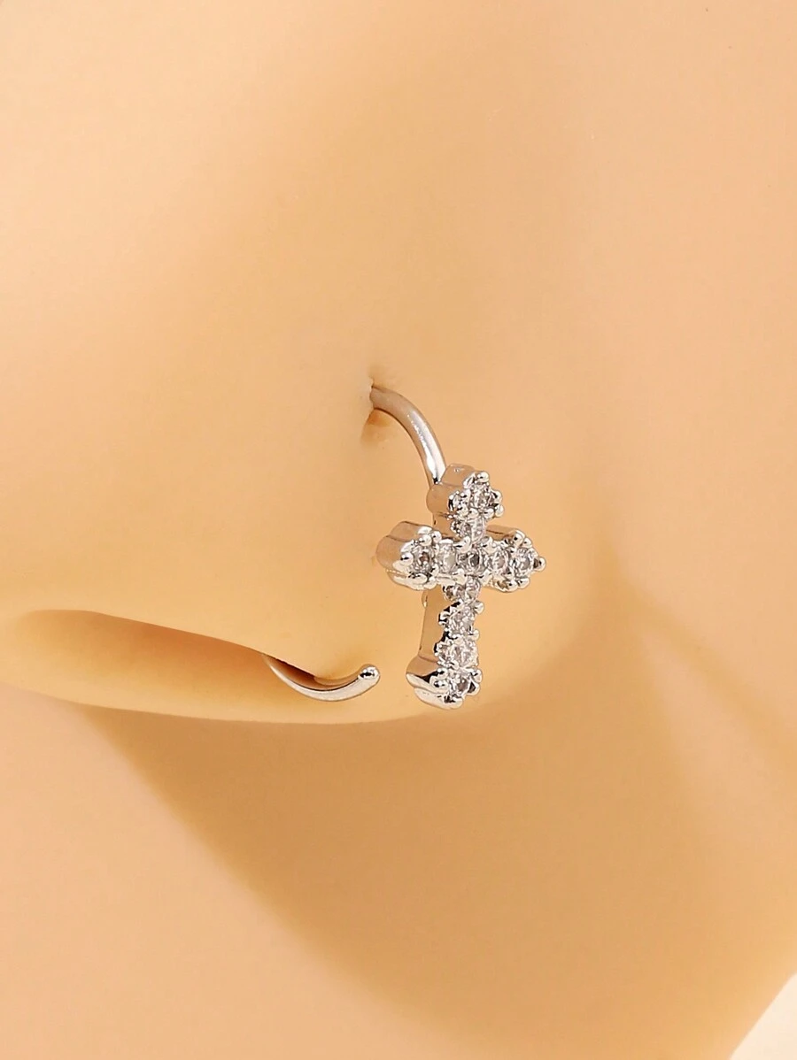1pc 20g Circular Nose Ring Nose Stud With Cross-shaped Rhinestone Decoration For Women's ...