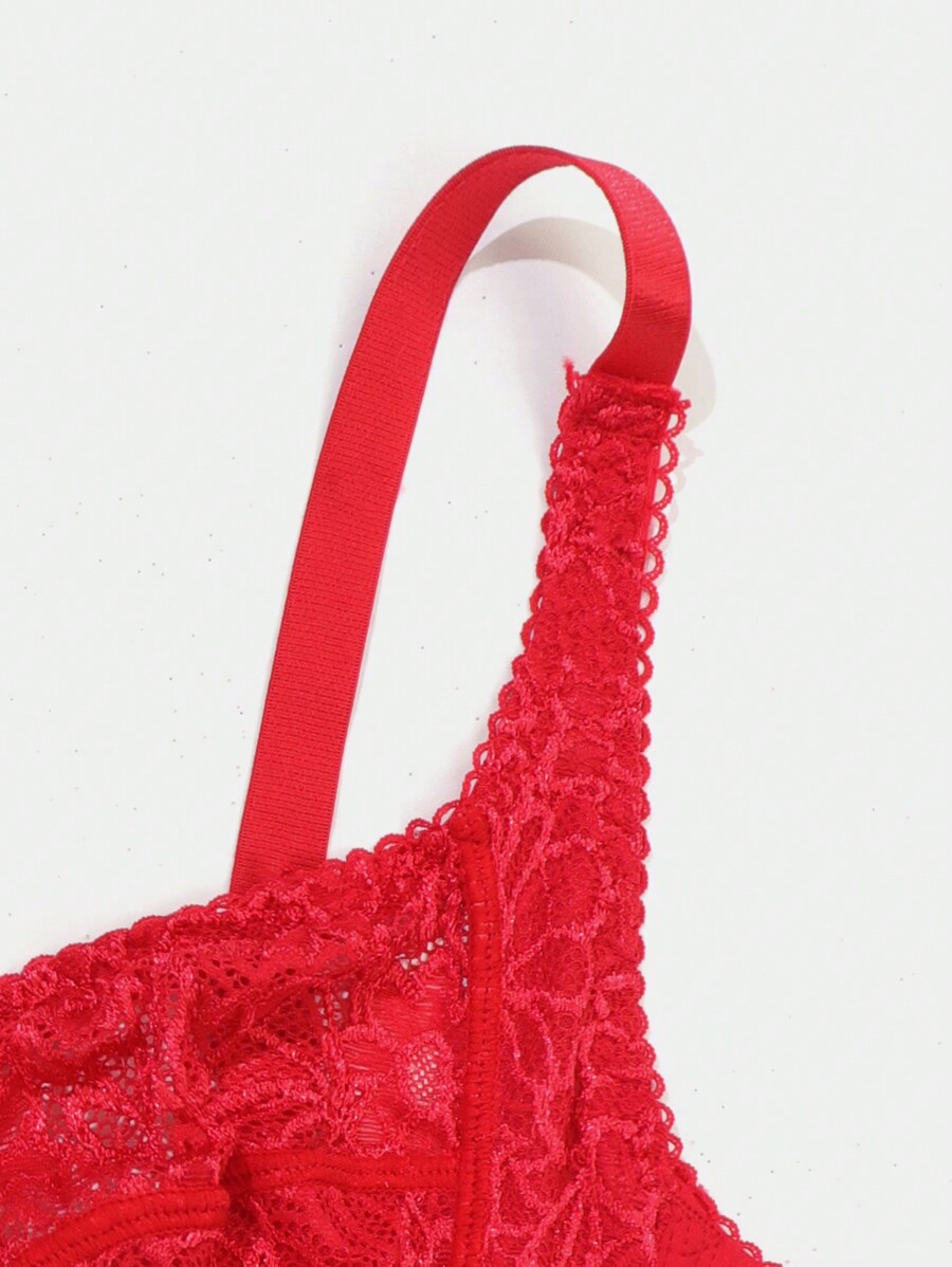 1pc Red Sexy Women's Ultra-Lightweight Cup Half-Transparent Lace Full ...