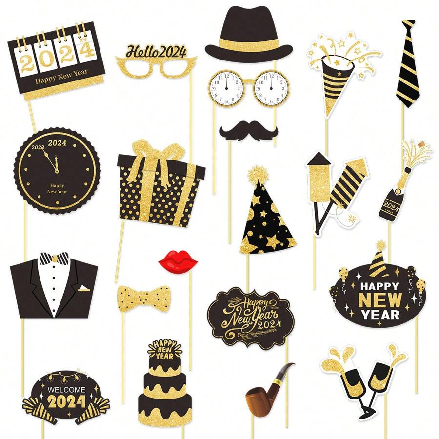 1 set Pack of 21 New Years Photo Booth Props 2024 , New Years Props ...