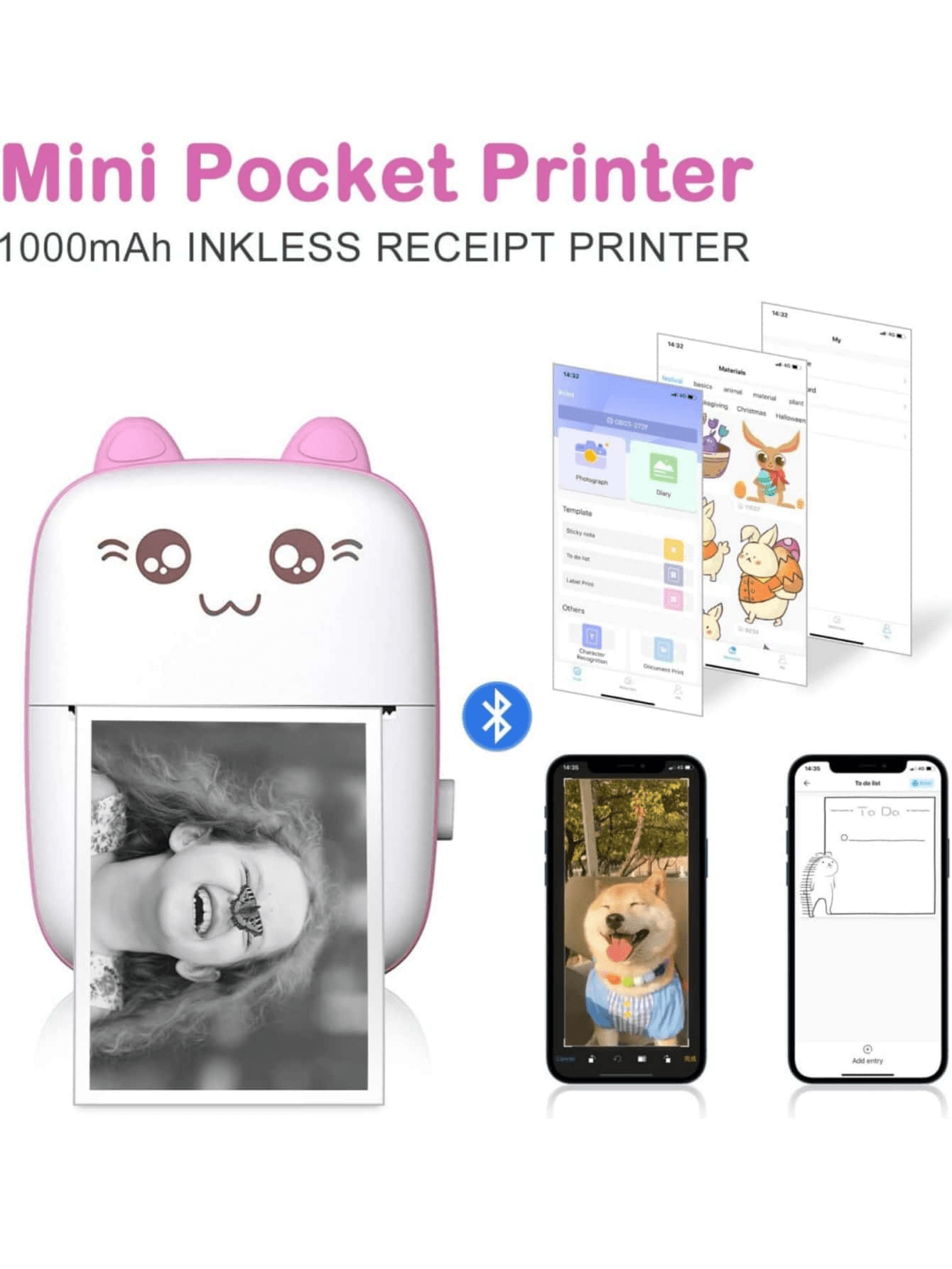 Portable Pink Sticker Photo Printer, Label Printer With 10 Rolls Of ...