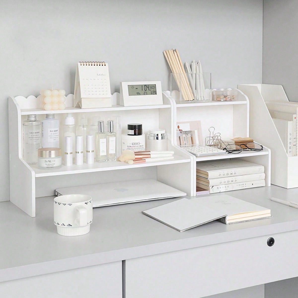 1pc Wood Double Layered White Desk Organizer Shelf For Makeup And ...