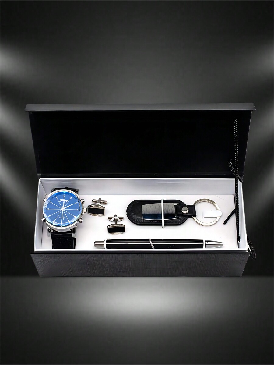 Conjunto de regalo para hombres de 5 piezas con caja, gemelos, reloj, llavero, bolígrafo ...