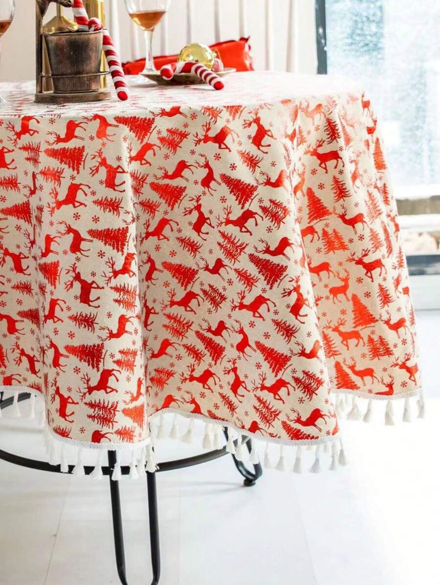 Christmas Tree & Deer Print Red Round Tablecloth | SHEIN USA