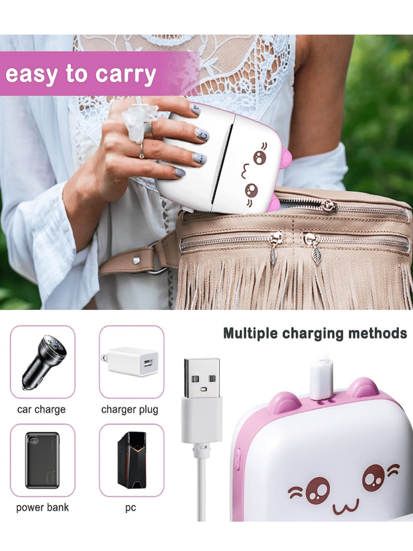 Portable Pink Sticker Photo Printer, Label Printer With 10 Rolls Of ...