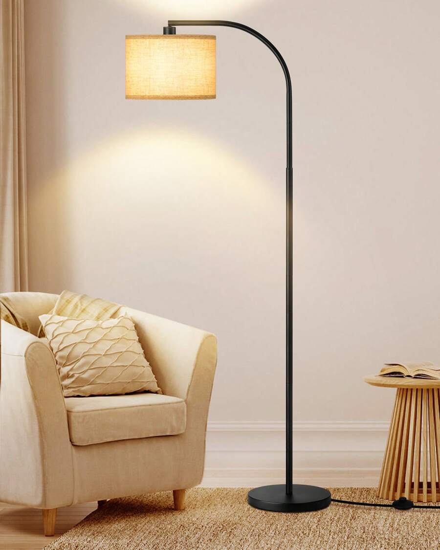 DEWENWILS Black Arched Floor Lamps with Adjustable Beige Line Lampshade ...