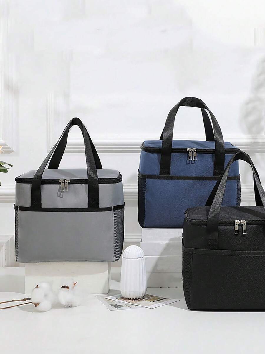 1pc Gray 600d Oxford Cloth Square Lunch Bag With Thick Aluminum Foil ...