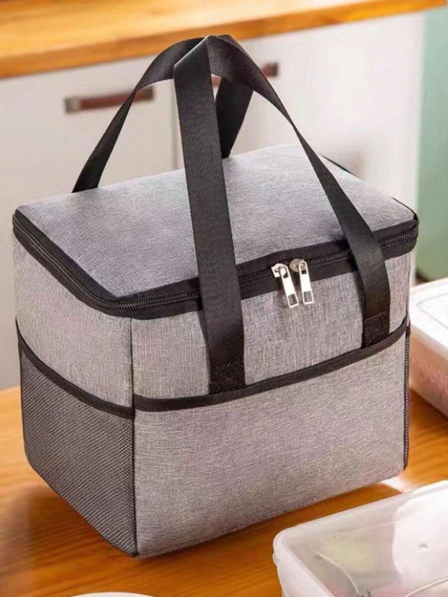 1pc Gray 600d Oxford Cloth Square Lunch Bag With Thick Aluminum Foil ...