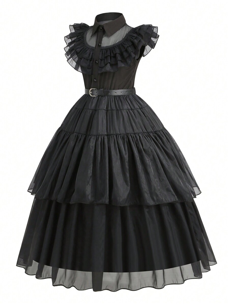 Tween Girl Mesh Panel Tiered Layered Princess Dress, Black For ...