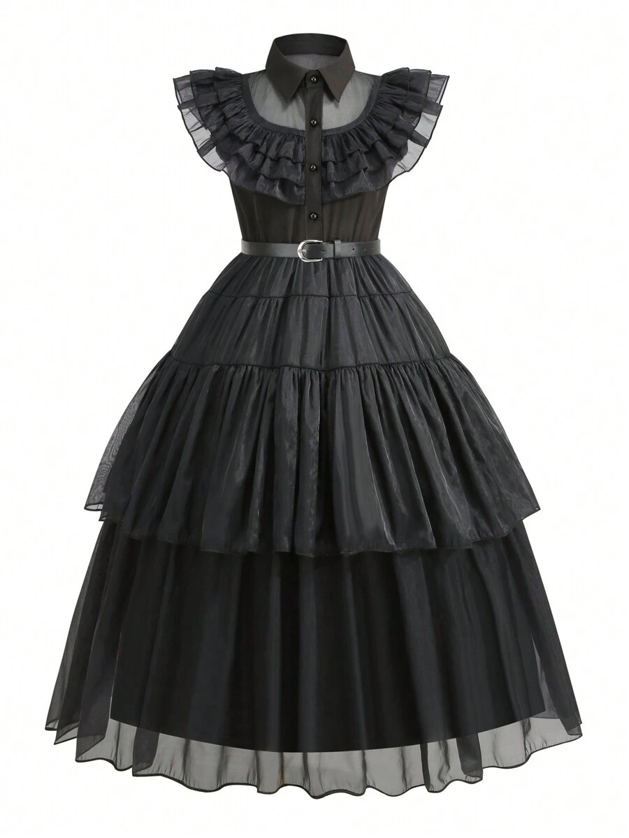 Tween Girl Mesh Panel Tiered Layered Princess Dress, Black For ...