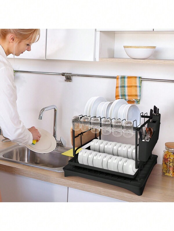2 Tier Dish Drying Rack, Foldable Dish Drainer Stainless Steel Utensil ...