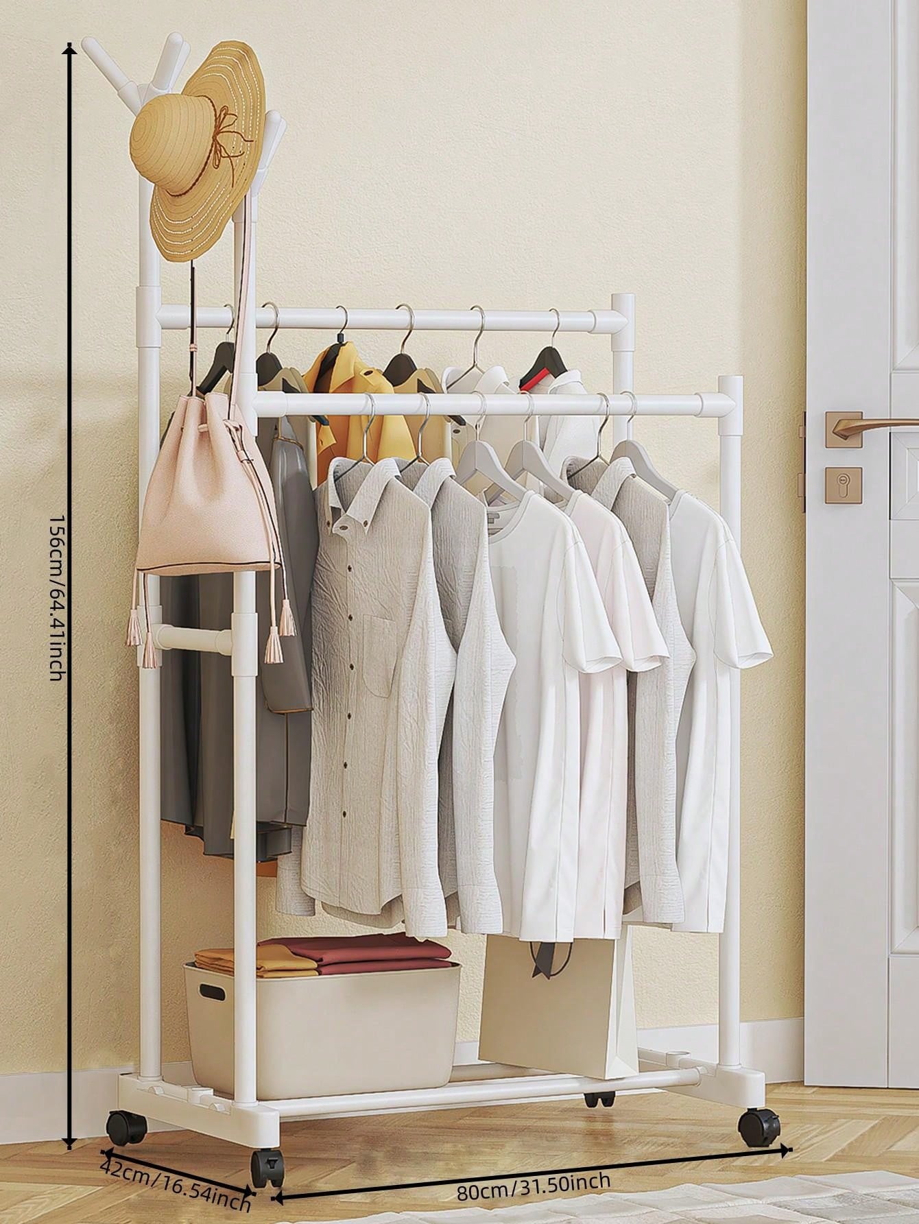 Double Pole With Pulley 2-layer White Clothes Drying Rack Floor ...