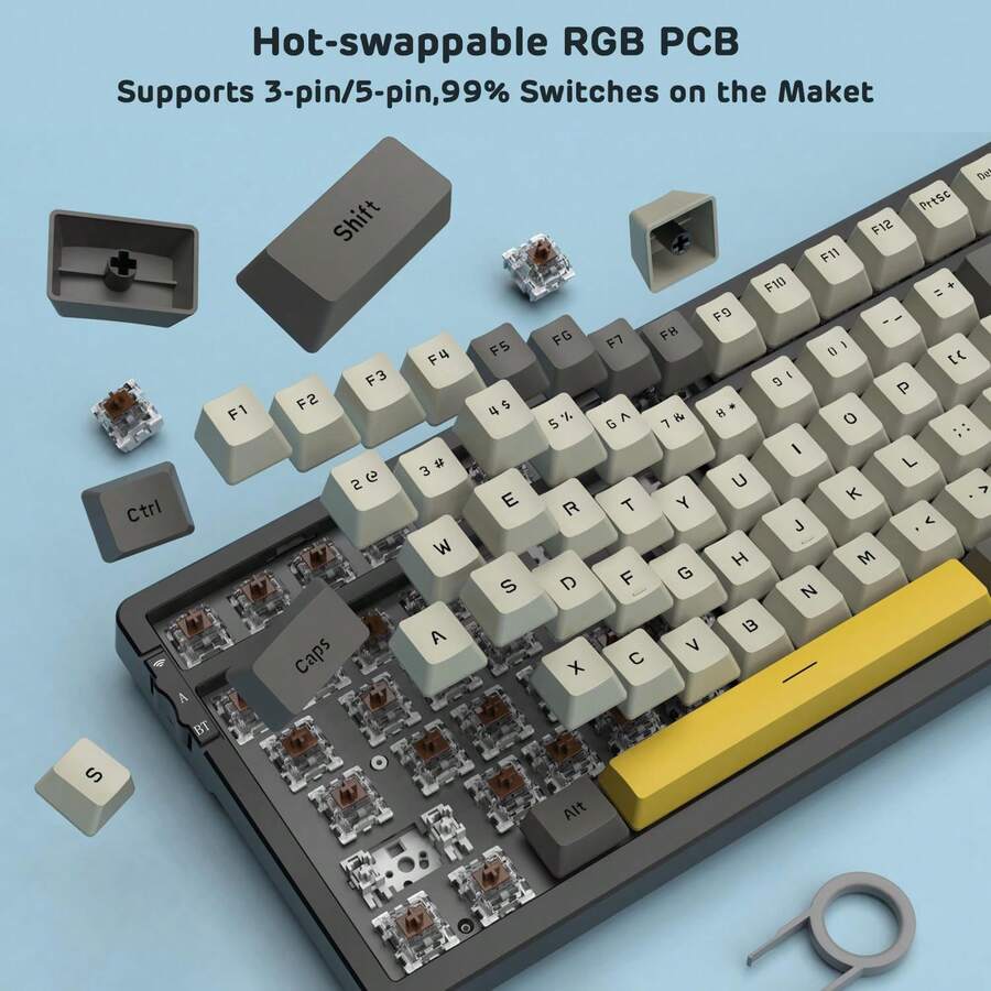 99-Keys Wireless Mechanical Keyboard With Coiled Cable, Bt5.0/2.4g/Wired Gaming Keyboard, Rgb ...