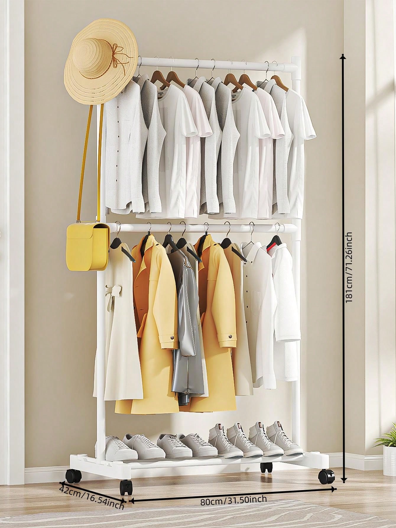 Bastidor De Ropa Blanco De Una Sola Varilla Con Ruedas Y Dos Niveles ...