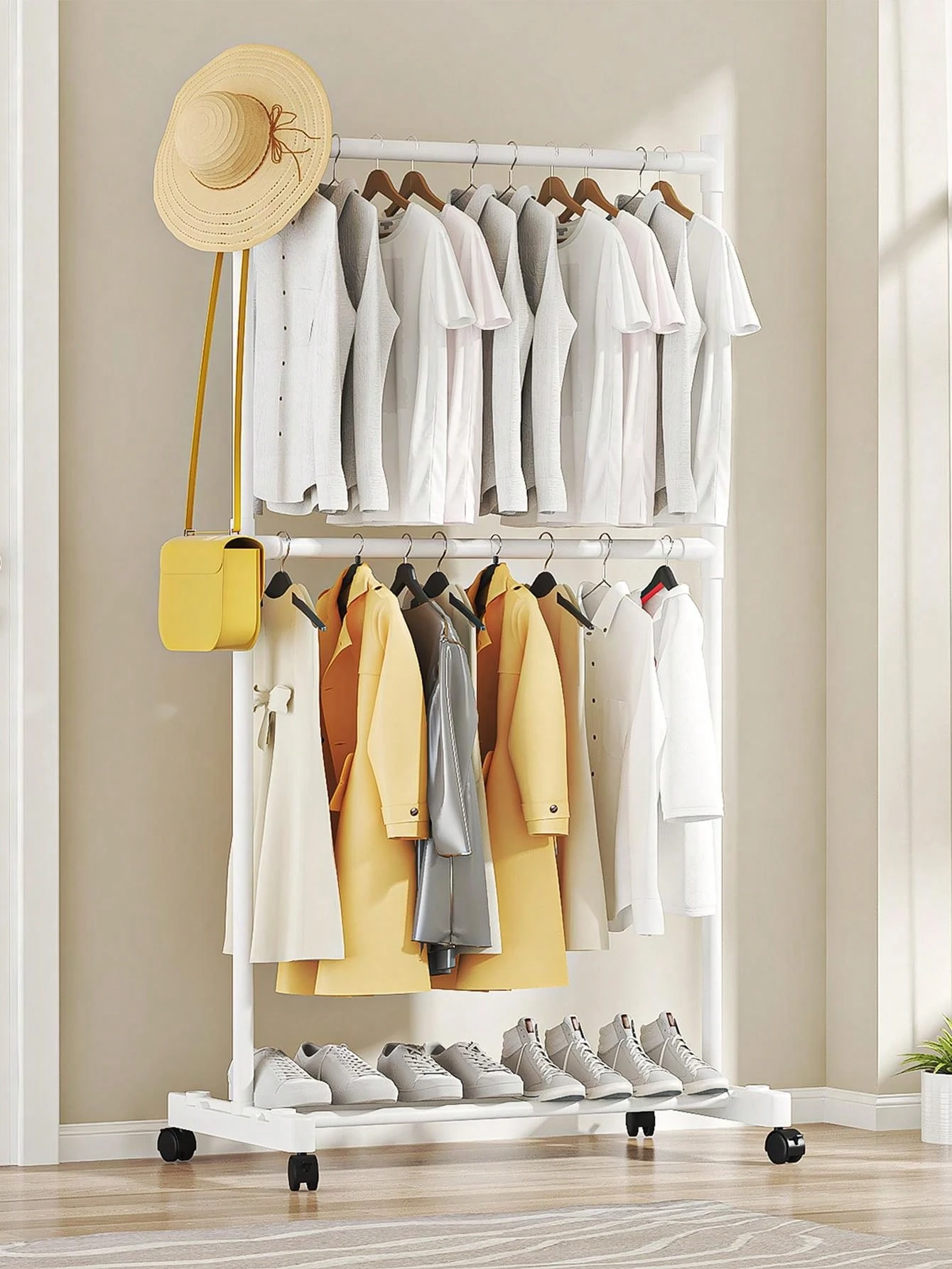 Single Rod With Wheels 2-tier White Clothes Rack Floor Standing Hat ...