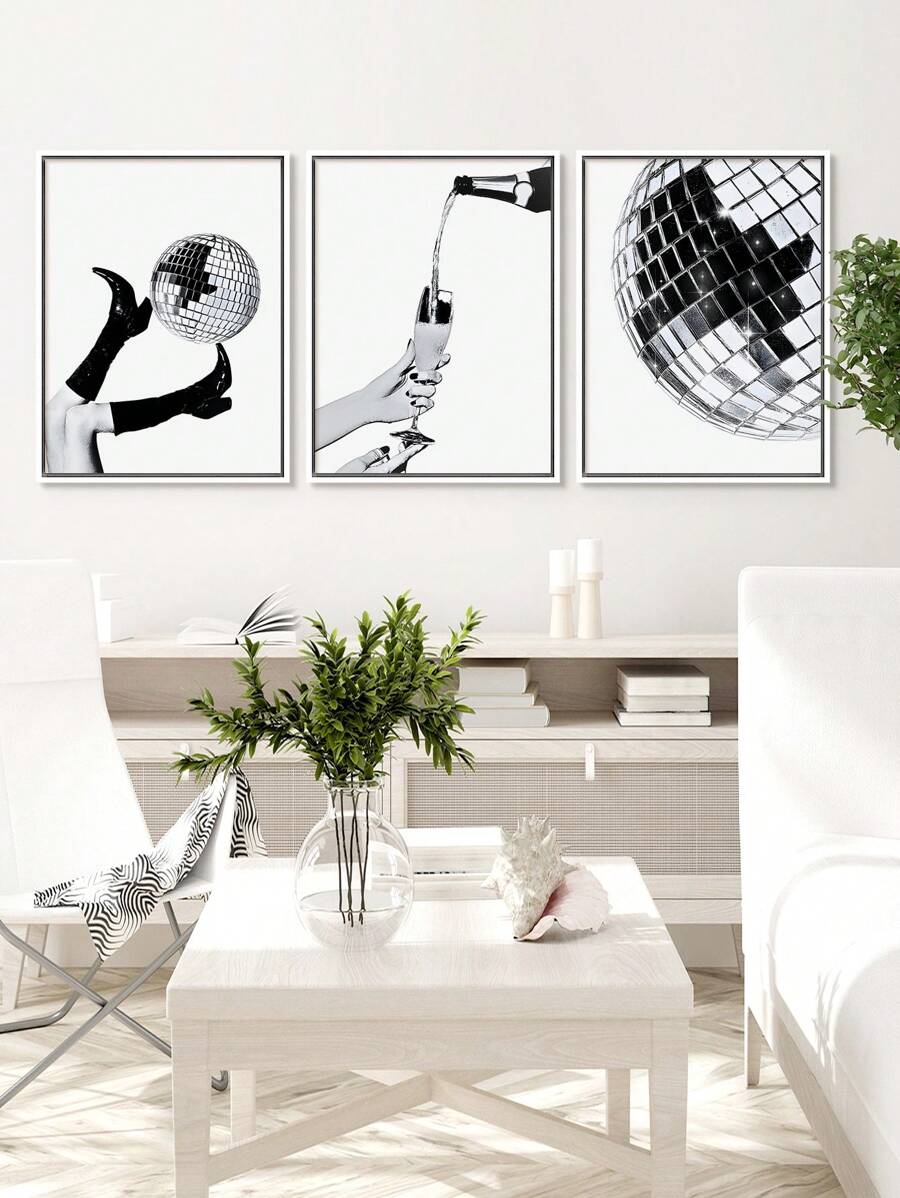 3pcs/set Disco Mirror Ball Poster, Champagne Disco Ball Cowgirl Boots ...