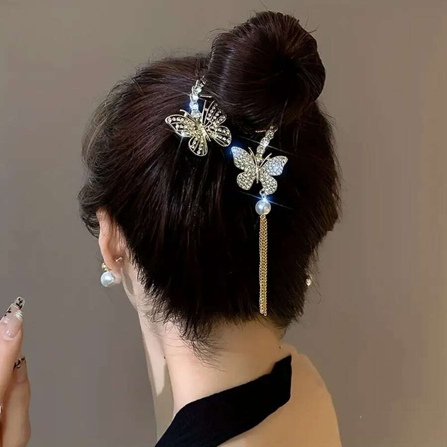 Rhinestone, Pearl & Tassel Butterfly Design Hair Clip For Updo, Bun ...