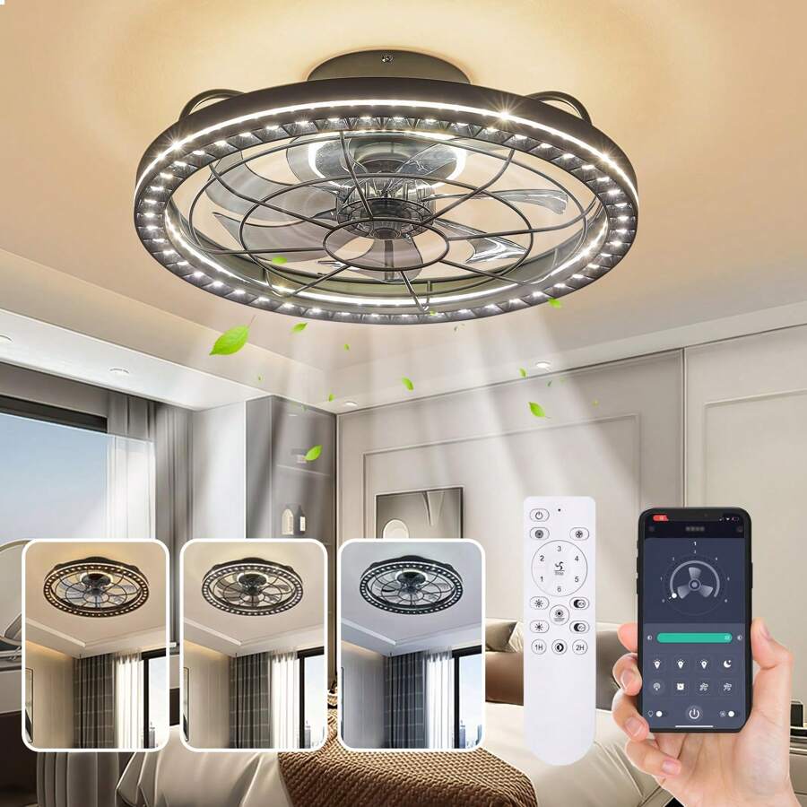 Ceiling Fan With Light Tricolor Dimming Reversible Blades - Low Profile ...