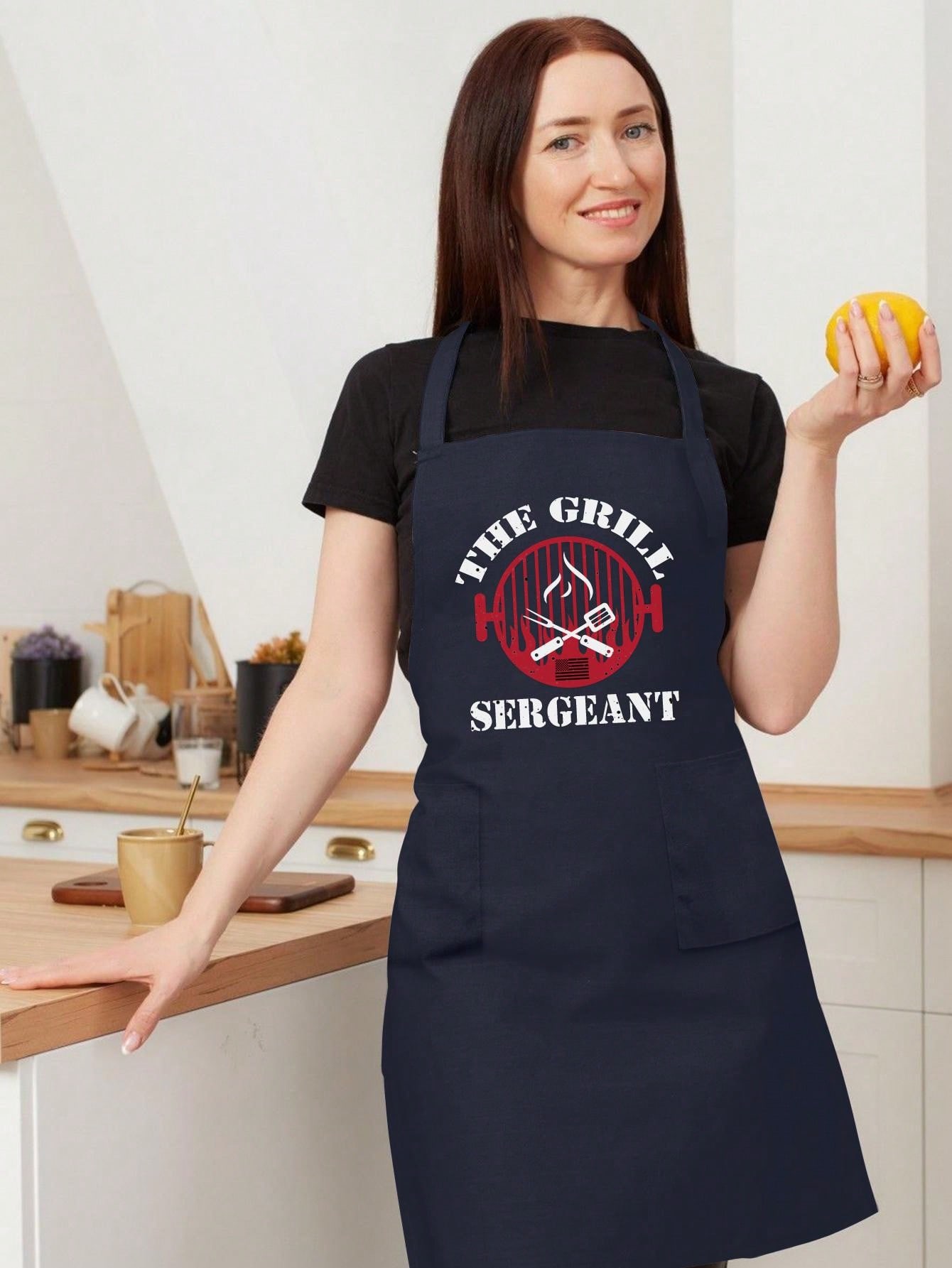 Navy Blue Ironed-on Design Pocket Apron | SHEIN USA