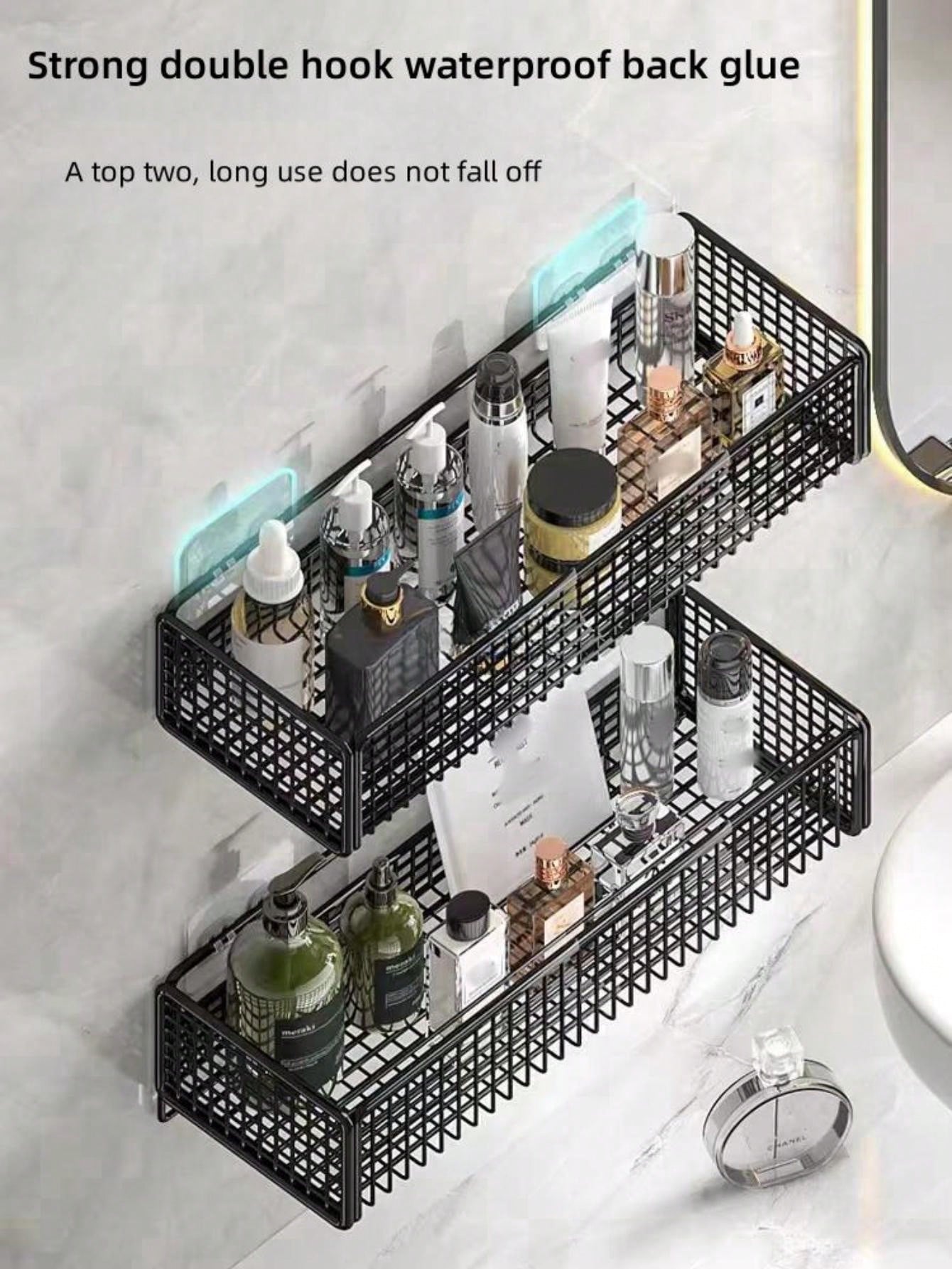 A hole-free bathroom with a black wall-mounted storage basket and a ...