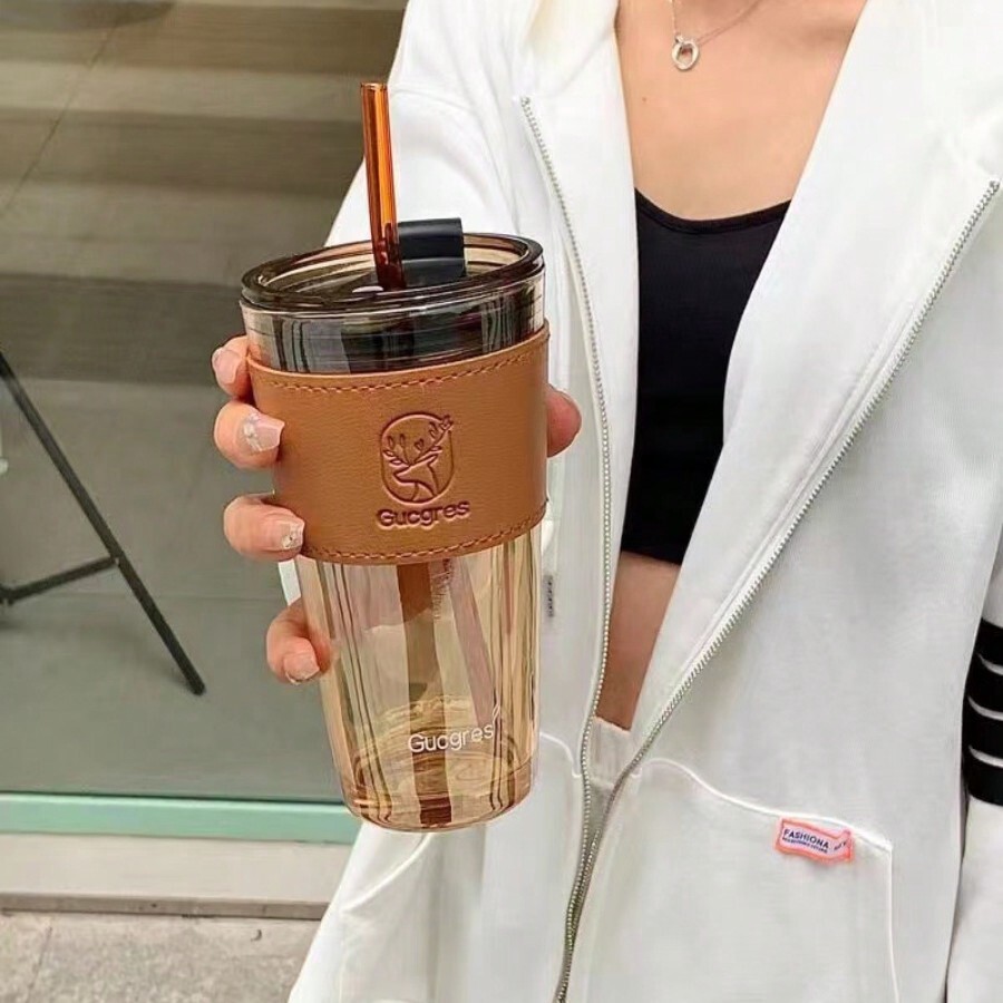 Glass Cup With Straw And Lid, 15.4oz (about 450g) Iced Coffee Cup ...