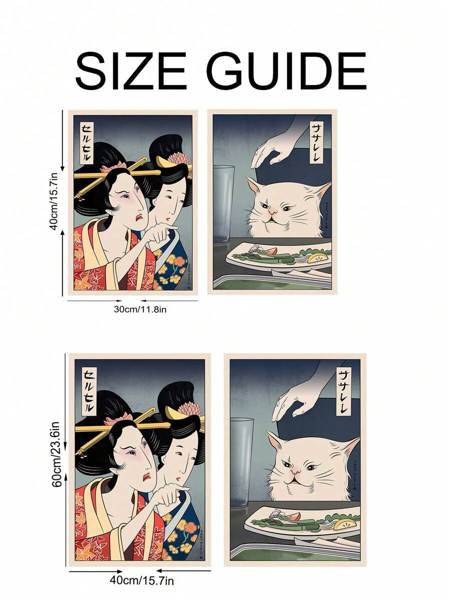 2pcs Japanese Style Art Canvas Prints Of Women Shouting At Cats, Geisha ...