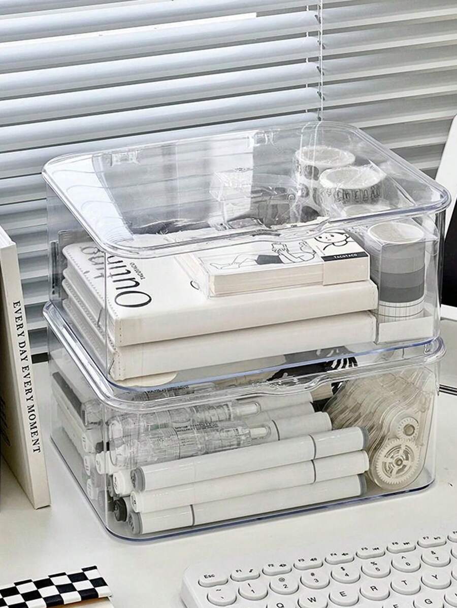 1pc Transparent Acrylic Desktop Storage Box With Cover For Stationery ...