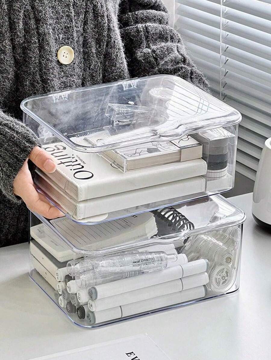 1pc Transparent Acrylic Desktop Storage Box With Cover For Stationery ...