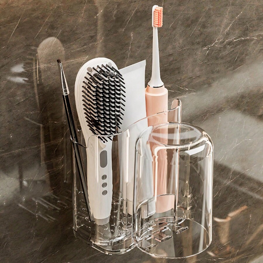 1pc Plastic Toothbrush Holder With Cup And Shelves, Transparent, Wall ...