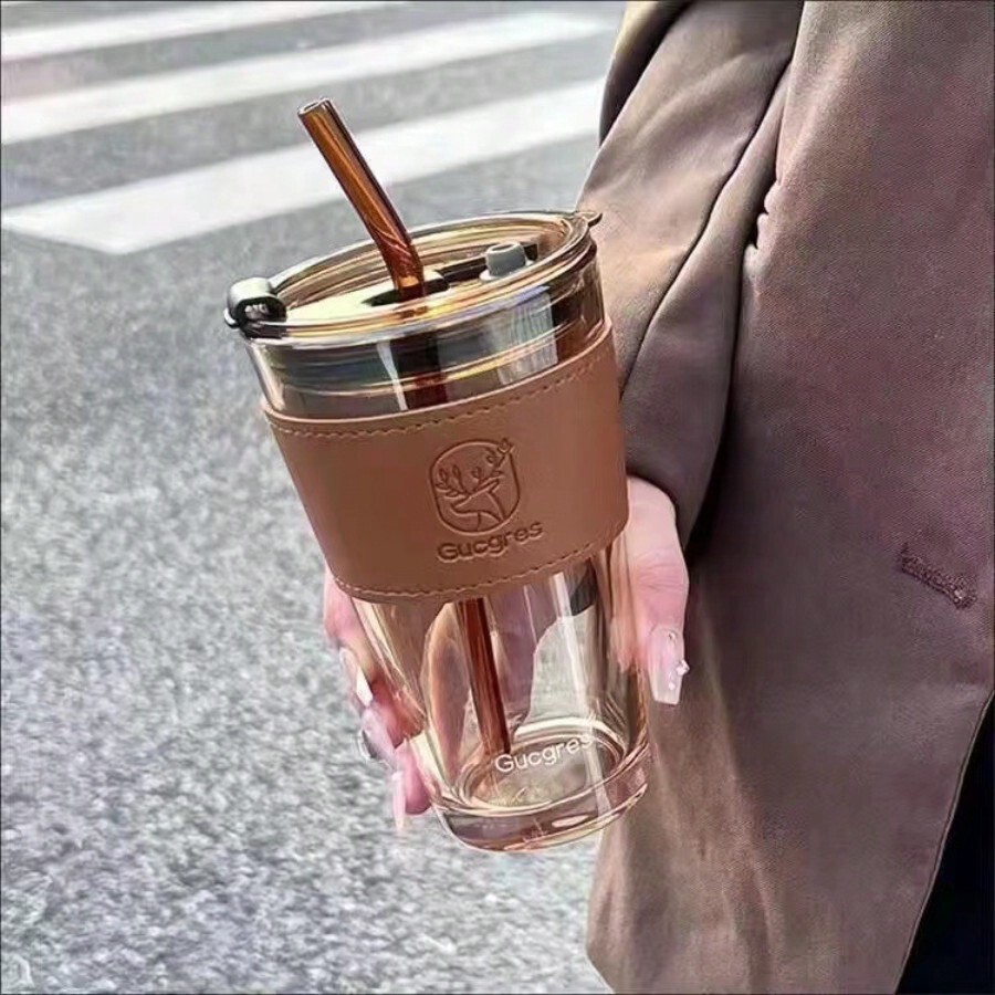 Glass Cup With Straw And Lid, 15.4oz (about 450g) Iced Coffee Cup ...