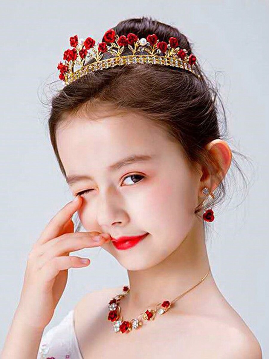 1 New Children's Crown Tiara Rose Flower Diamond Crystal Princess Hair ...