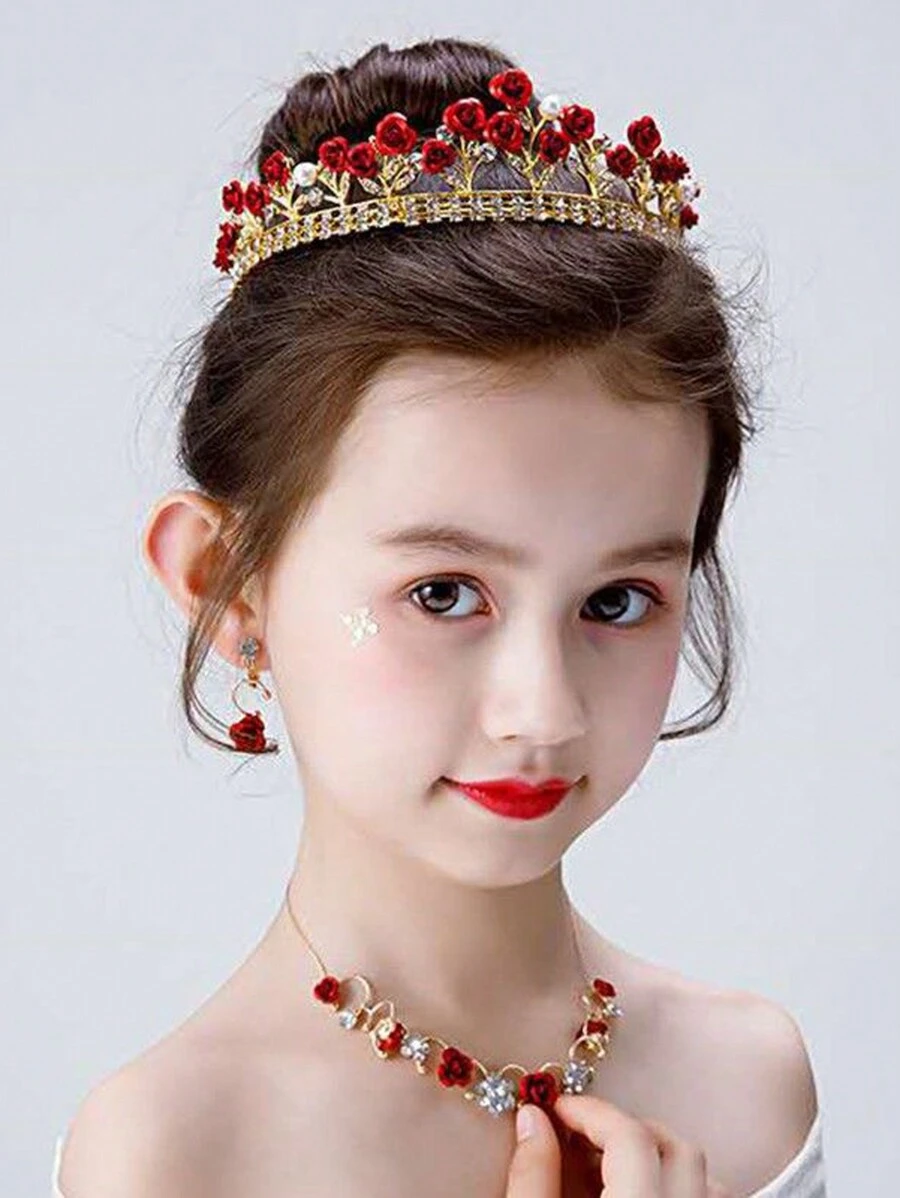 1 New Children's Crown Tiara Rose Flower Diamond Crystal Princess Hair ...
