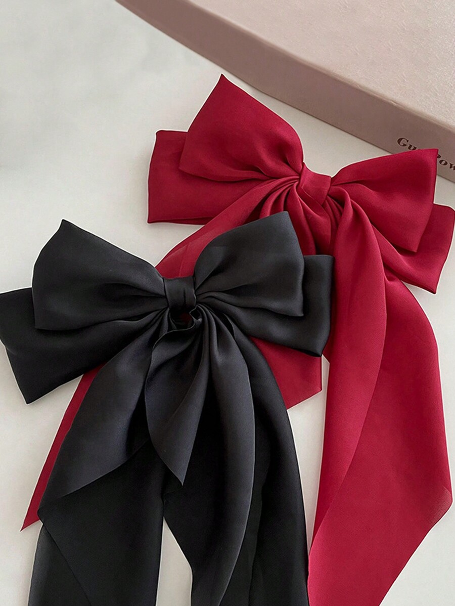 2pcs/1pc Oversized Black & Red Bowknot Satin Hair Clip, Elegant & Retro ...