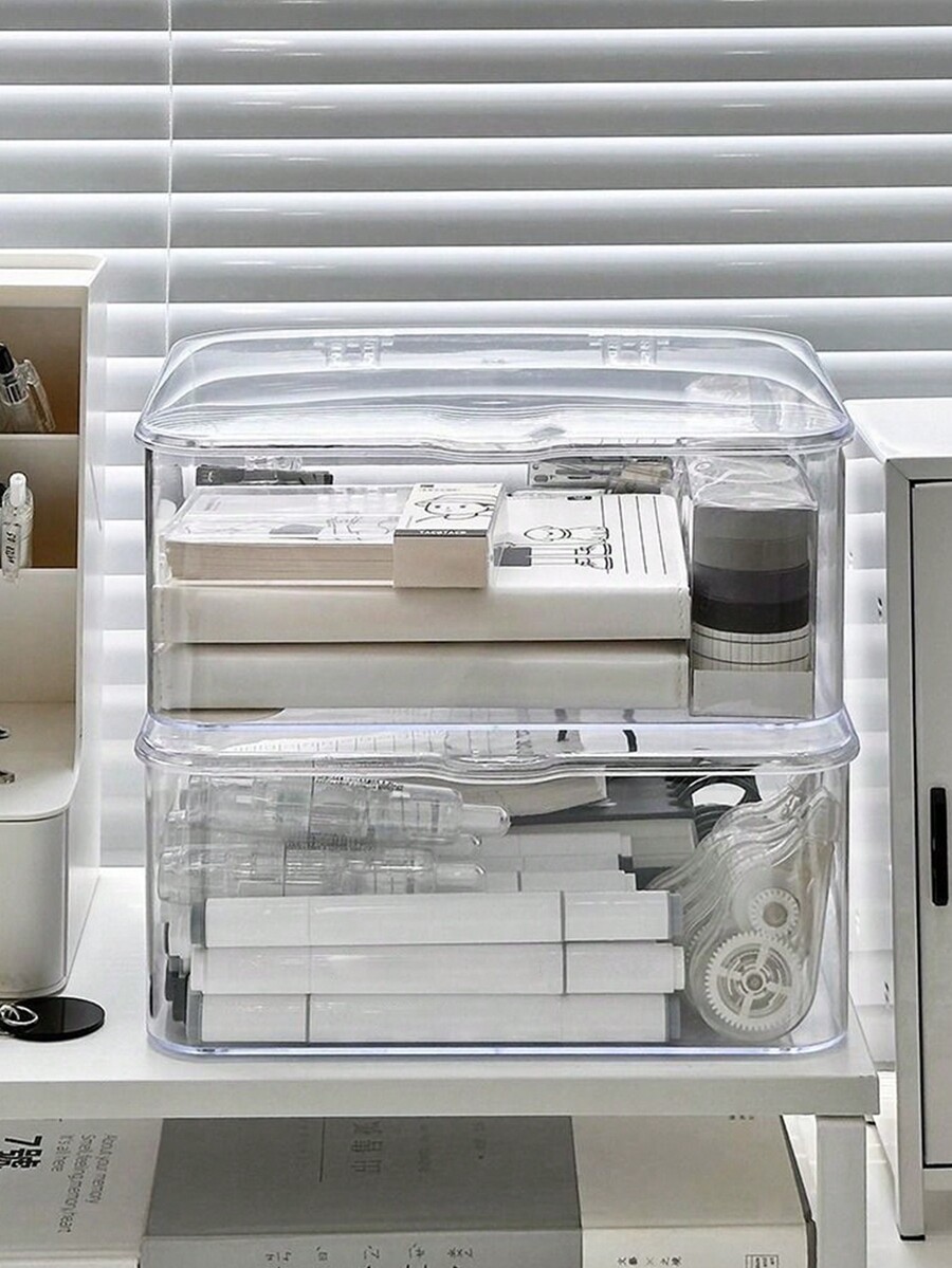 1pc Transparent Acrylic Desktop Storage Box With Cover For Stationery ...